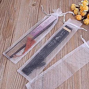 Bezall 50Pcs Organza Hand Fan Bags, 2x10 Inches White Folding Fan Drawstring Bag Hand Fan Decorative Pouch Party Wedding Favor Gift Bags