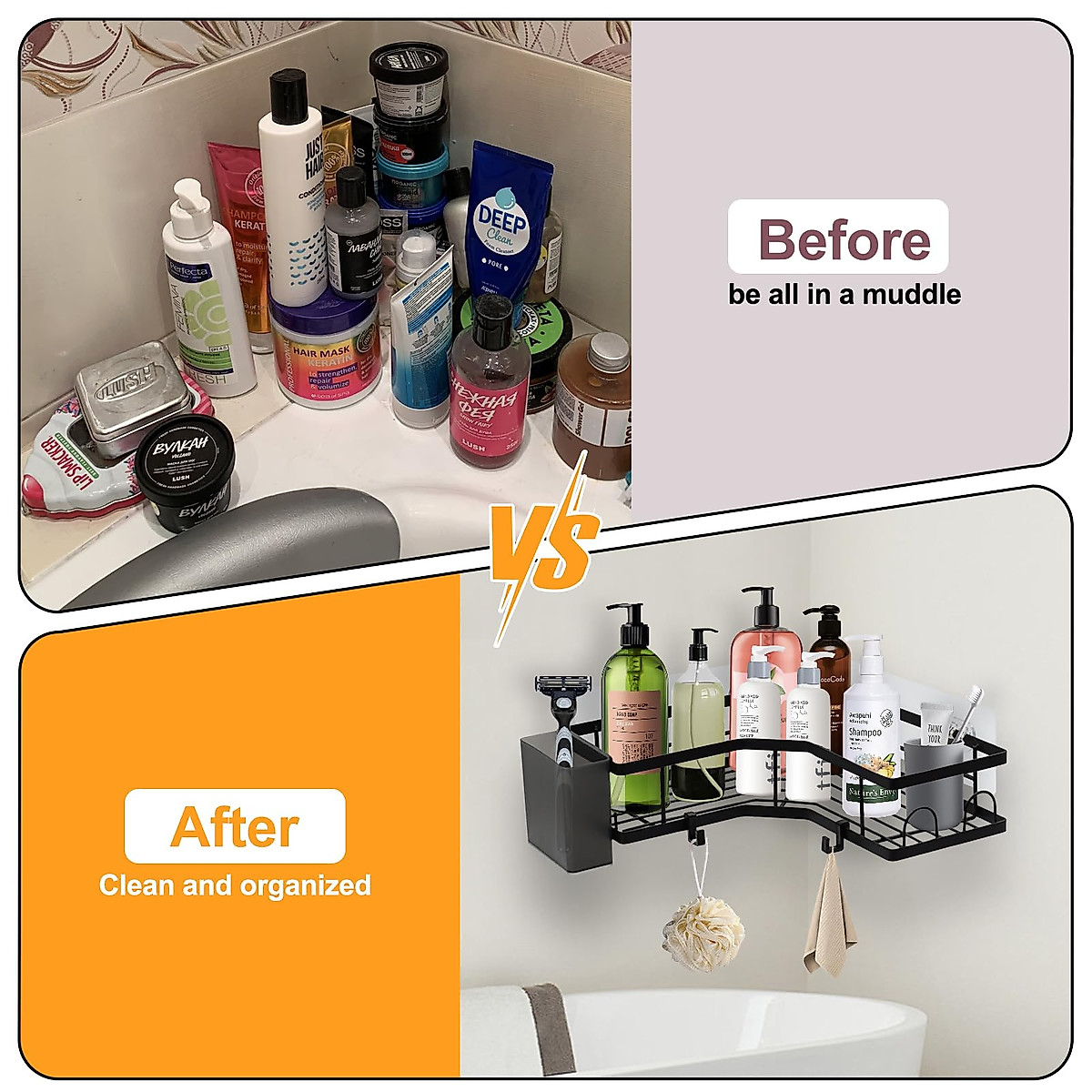 Adhesive Corner Shower Caddy, 2 Packs Shower Organizer Shelves No Drilling Stainless Steel Shower Storage Rack with Hooks & 2pcs Toothpaste Holders for Bathroom Rustproof, Space Saving (Black 5pcs)