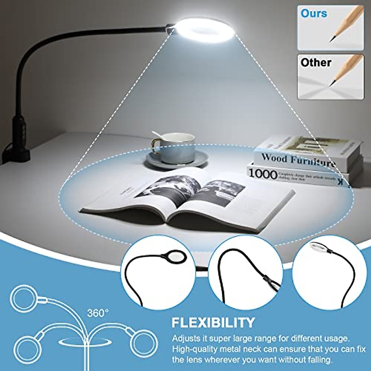 TOMSOO 26" Gooseneck Magnifying Lamp with Clamp, 5 Color Modes Stepless Dimmable LED Desk Light with Magnifying Glass, 5X Real Glass Lighted Magnifier Hands Free for Painting Close Work Craft Hobby