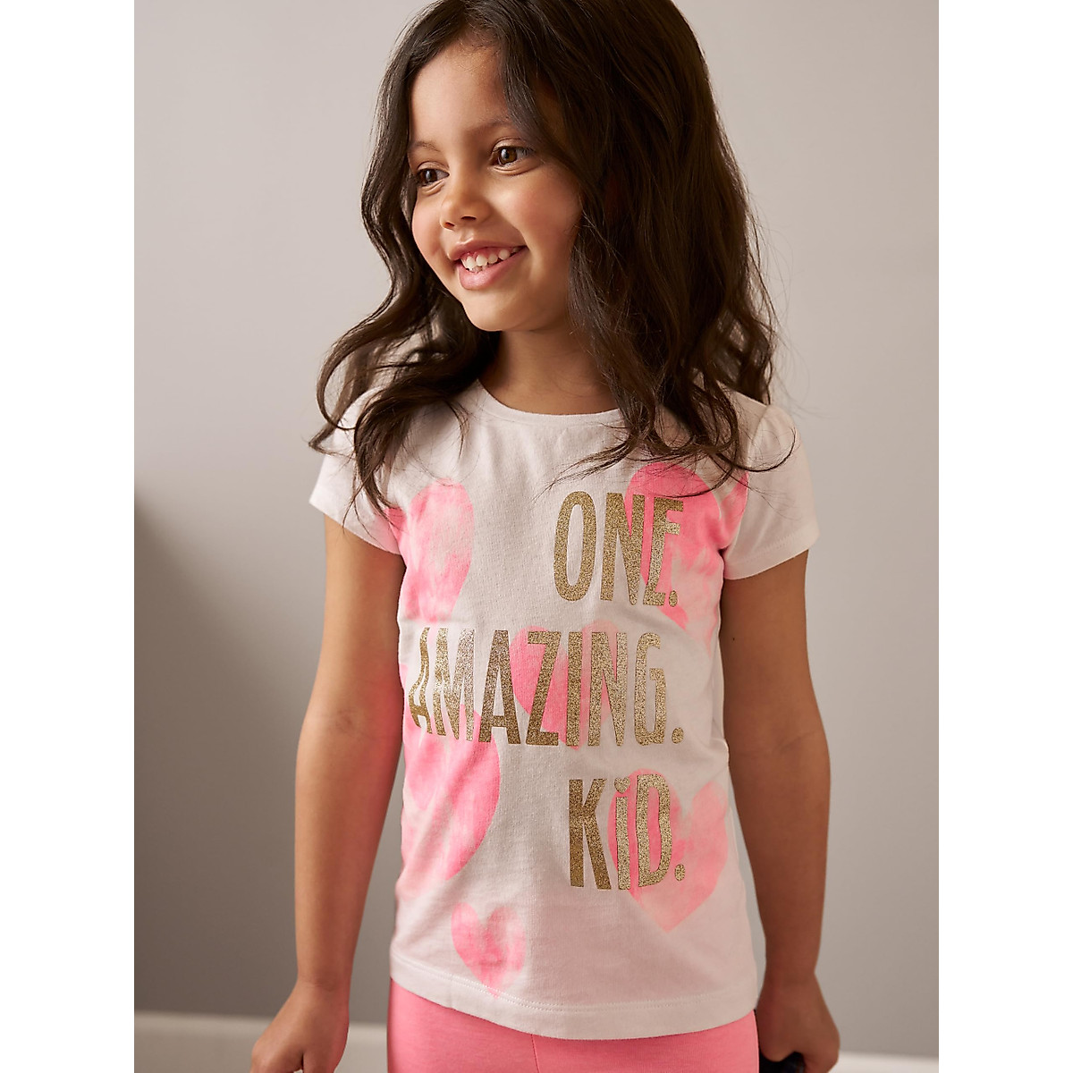 Simple Joys by Carter's Girls' Short-Sleeve Shirts and Tops, Pack of 3, Grey Hearts/Pink Dinosaur/White Text Print, 2T
