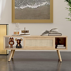 Forsho Rattan Coffee Table Mid Century Modern Coffee Table with Storage 41.3 Inch Wooden Accent Center Sofa Table with Sliding Woven Door Panel and Solid Wood Legs Perfect for Living Room
