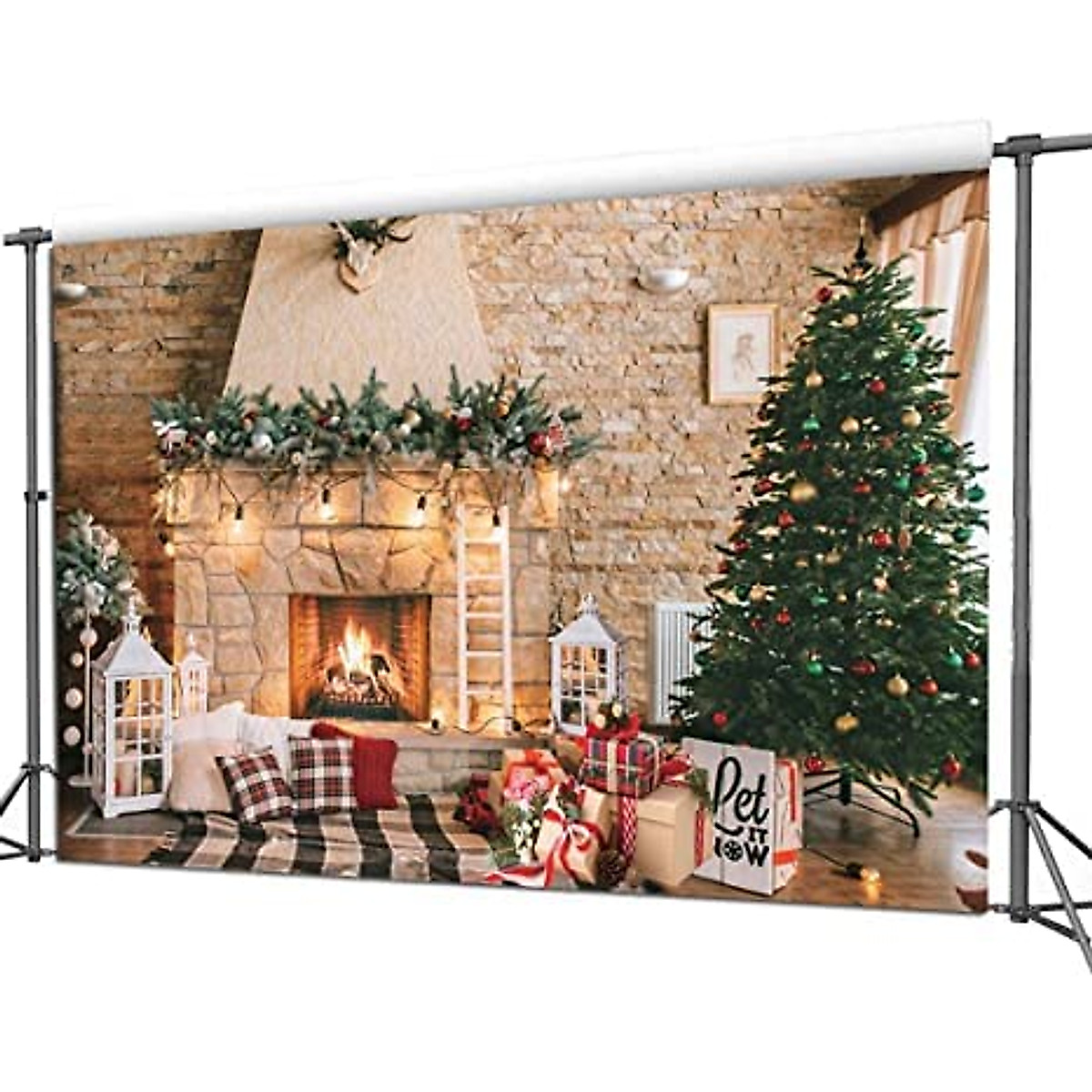Dudaacvt 10x8ft Christmas Fireplace Theme Backdrop for Photography Christmas Photography Backdrop Merry Xmas Sock Gift Decorations Family Party Party Supplies Banner Booth Props D470