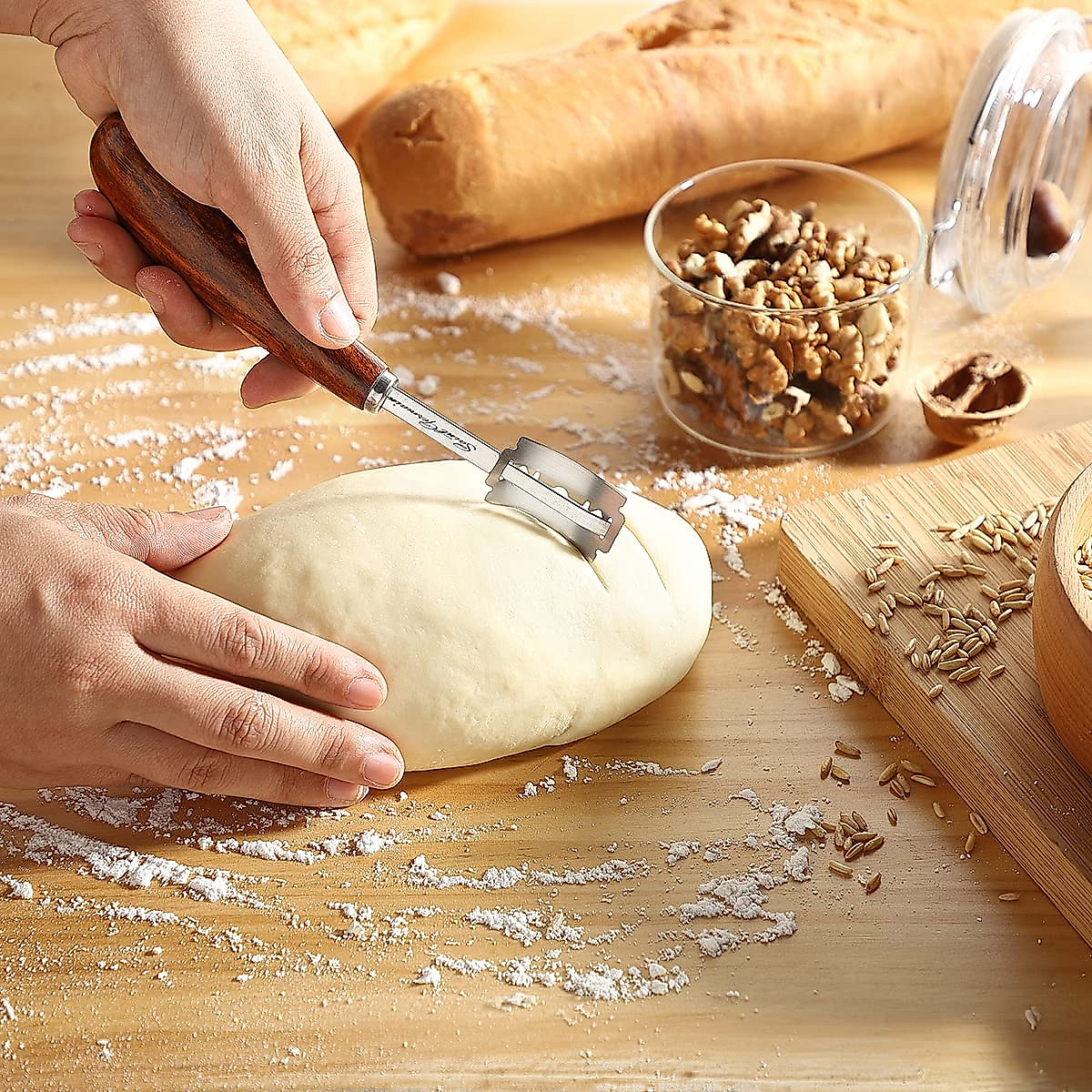 SAINT GERMAIN Premium Hand Crafted Bread Lame for Dough Scoring Knife, Lame Bread Tool for Sourdough Bread Slashing with Blades Included with Replacement with Authentic Leather (Style 1)
