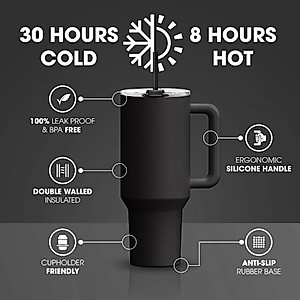 osse 40oz Tumbler with Handle and Straw Lid | Double Wall Vacuum Reusable Stainless Steel Insulated Water Bottle Travel Mug Cup | Modern Insulated Tumblers Cupholder Friendly (Black)