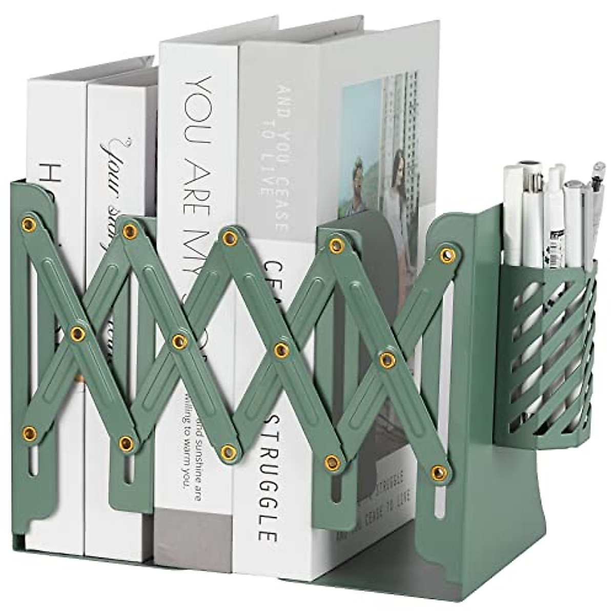 Adjustable Bookends TAINSE Expandable Bookends with Pen Holder Book Ends for Heavy Books,Magazine File Telescopic Design Bookends Adjustable Extends up to 17 inches-Green