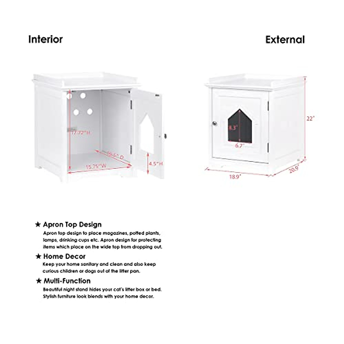 PAWLAND Cat Litter Box Enclosure, Cat House Side Table,Night Stand Pet House, Indoor Cat House, White
