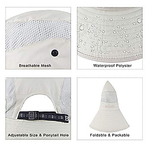 Womens Summer Sun Hat Wide Brim Outdoor UV UPF50 Protection Hats Foldable Packable Ponytail Bucket Cap for Safari Beach Fishing Gardening Beige