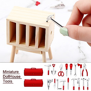 19 Pieces 1:12 Miniature Dollhouse Tools Metal Doll House Tool Miniature Doll Repair Tool with 2 Pieces Red Tin Boxes Dollhouse Accessories Girls Pretend Play Toy for Dollhouse Decoration DIY Crafts