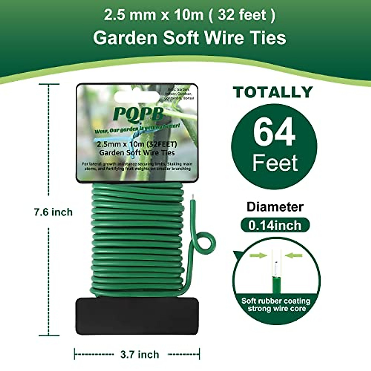 PQPB Garden Twist Ties Soft Reusable Rubber Wire Green Heavy Duty Plant Support Twine for Gardening,Office,Home (2PCS X 32.8feet, Total 65.8feet),Green ,Rubber Plant Ties Green 65.6ft(PQ10)