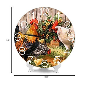 TazPrab Chicken Roosters Garden Flowers Painting Wall Clock Silent Non-Ticking 10 Inch Round Wall Clock Home Decor Clock Art for Living Room Kitchen Bedroom