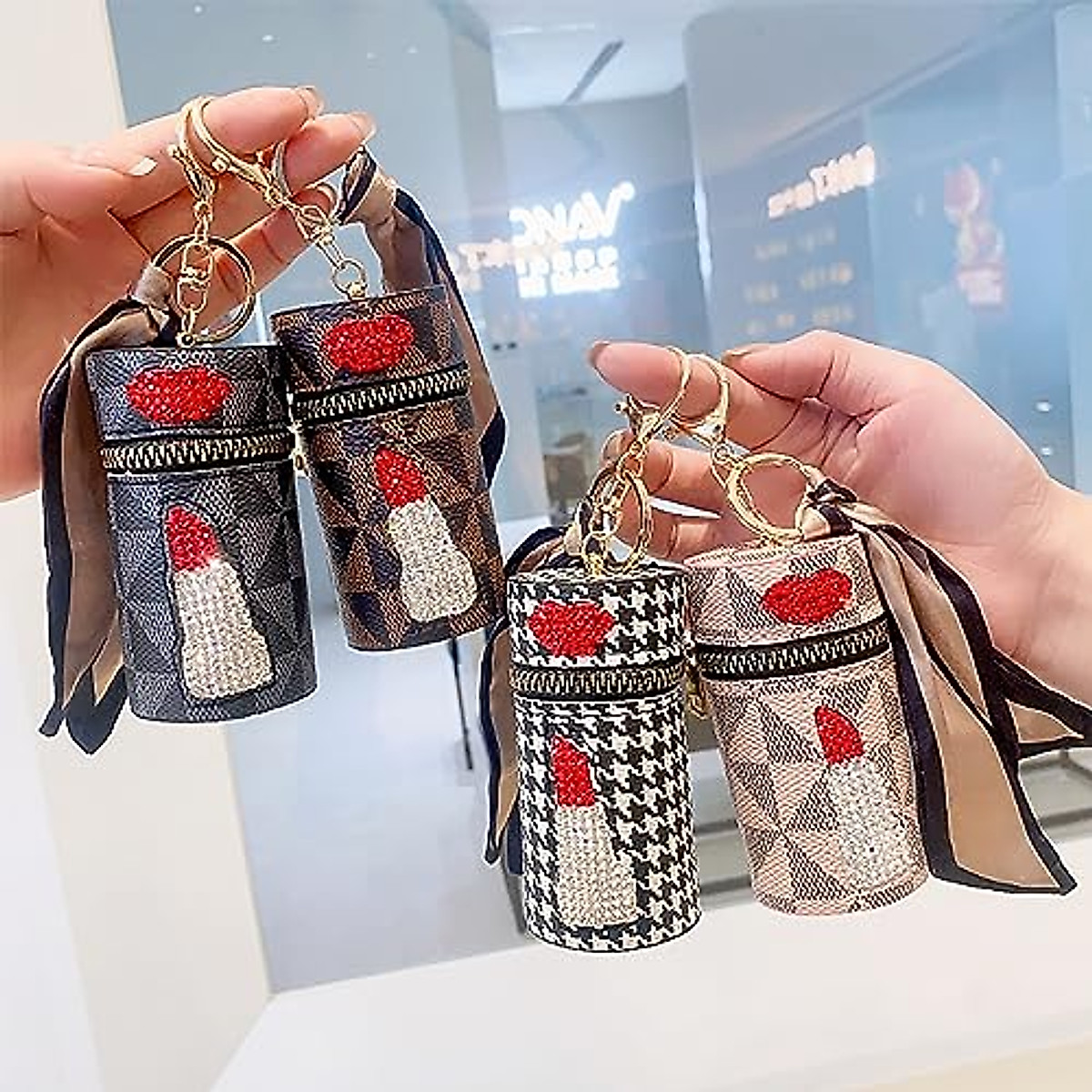 RILOST 2Pcs Lipstick Case, Leather Diamond Lip Gloss Lipstick Organizer, Keychain Mini Lipstick Holder Bag, Girls Travel Lipgloss Makeup Storage for Lipstick Lip Gloss Cosmetics (Brown, Pink)