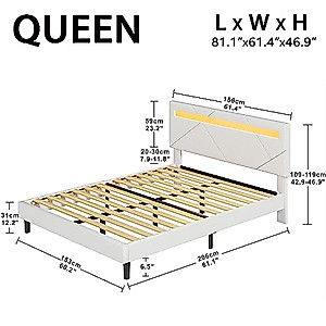 LIKIMIO Queen Bed Frame with LED Lights, Modern PU Leather Upholstered Platform Bed with Headboard, No Box Spring Needed/Noise-Free/Easy Assembly, White