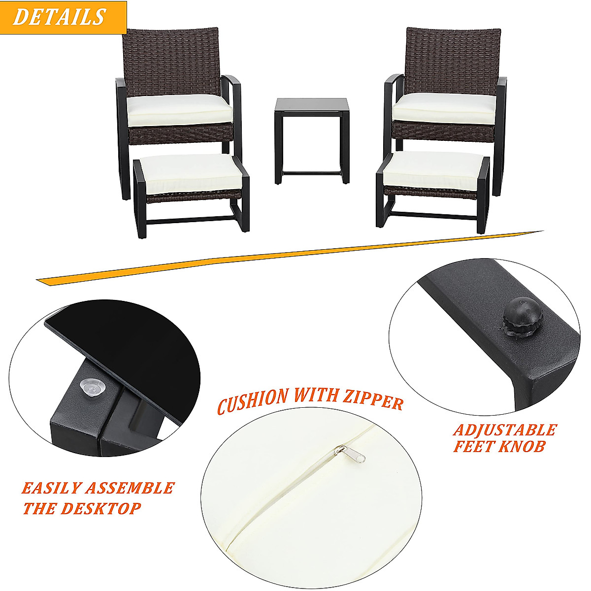 LOKATSE HOME Patio Conversation Set 5 Pieces Outdoor PE Wicker Rattan Sofa Furniture Cushioned Chairs and Ottomans with Tempered Glass Coffee Table, White