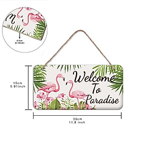 SUPERDANT 2Pcs Wood Door Hanging Sign Plaque Welcome to Paradise Flamingo Hanging Decorative Wood Welcome Sign for Home Front Door Decoration Farmhouse Porch Garden Yard 30x15cm