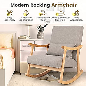 Giantex Upholstered Rocking Chair - Modern Rocker with Rubber Wood Frame, Comfy Backrest & Seat, PP Padded Pillow, Single Rocking Chair for Living Room, Nursery, Bedroom, Lounge, Office, Grey