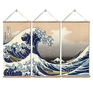 zhugege Japanese Traditional Art The Great Wave Off Kanagawa by Hokusai ,Hanging Poster with Wood Frames,Ready to Hang Decorative Wall 3 Piece Set (16''x32'' x 3)