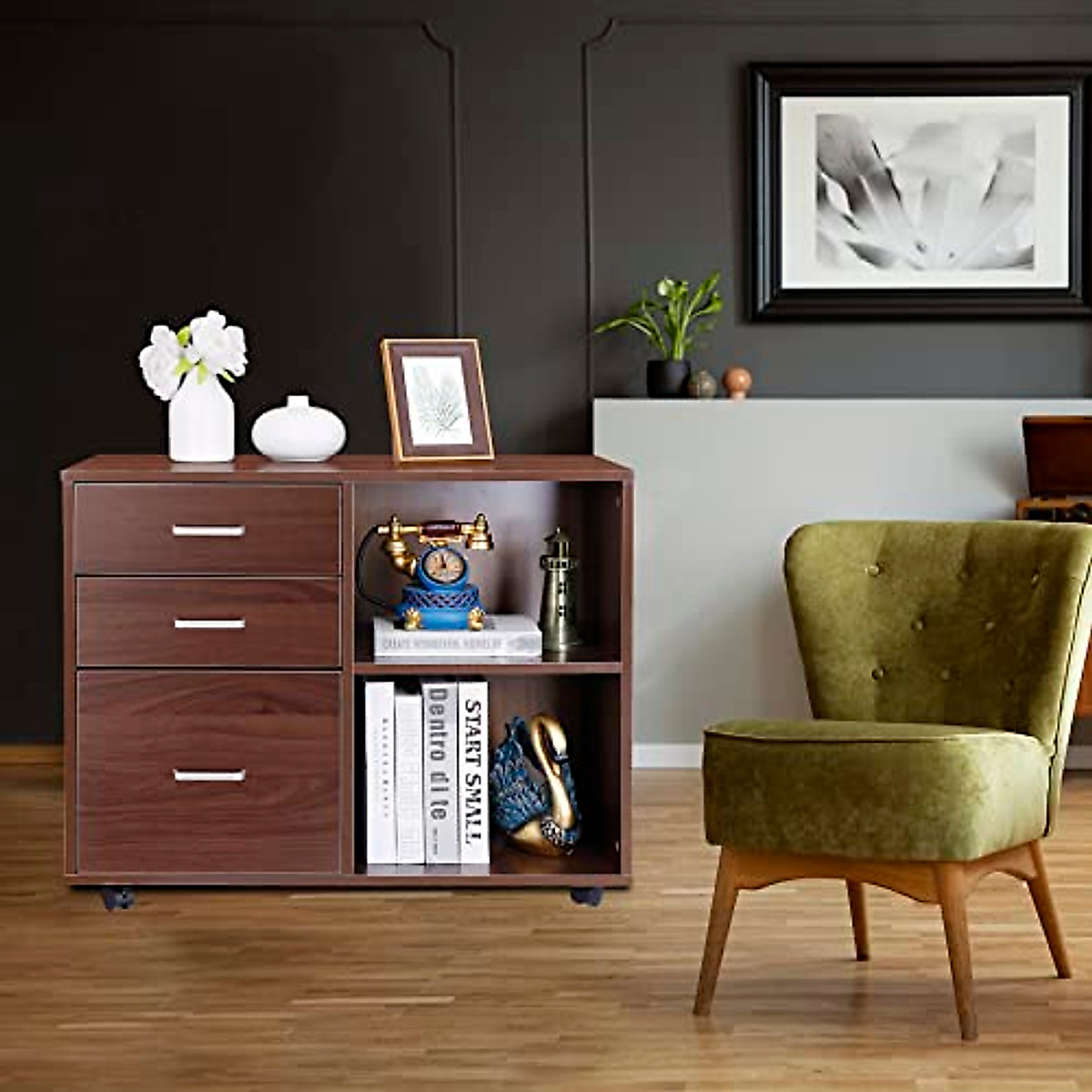 SUPER DEAL File Cabinet Bookshelf Combo 3 Drawer Wood File Cabinet with Lock Mobile Lateral Filing Cabinet Printer Stand with Open Storage Shelves Fits A4 or Letter Size for Home Office, Brown