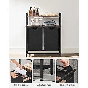 VASAGLE Laundry Hamper, Laundry Basket, Laundry Sorter with 2 Pull-Out and Removable Bags, 2 Shelves, 12.1 Gal (46L) Capacity per Bag, for Laundry Room, Rustic Brown and Black UBLH211B01