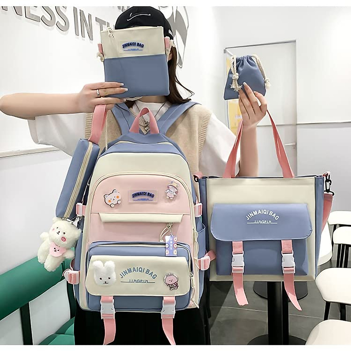 DAHUOJI Kawaii Backpack Set 5pcs Aesthetic Backpack for School Teens Girls Daypack Large with Pendants and Pins, Pen Case, Tote Bag, Small Bag(Blue)