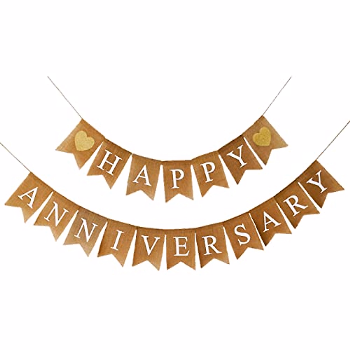 Shimmer Anna Shine Happy Anniversary Burlap Banner for Wedding Anniversary Decorations with Gold Glitter Hearts