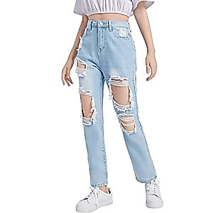 SweatyRocks Teen Girl's High Waisted Straight Leg Ripped Jeans Washed Denim Pants with Pockets Light Wash 12-13Y