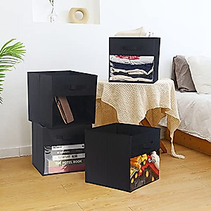 DOMEraax Cube Storage Bin 4 Pack with Clear Window Large Boxes Basket with Handles Fabric Closet Organizer 13" x 13" x 13" Black