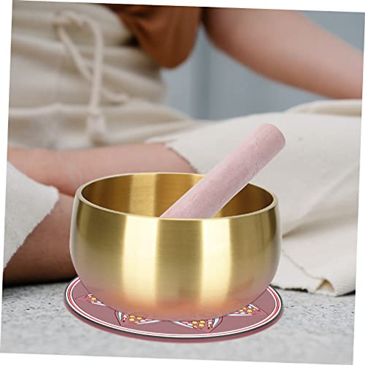 MILISTEN Bundle Tibetan Suede Healing Temple with Bowl Beech Stick Block Religious Hammer - Mallet Wood for Meditation Covered Prayer Crystal Buddha Chanting Pocket Music Monk