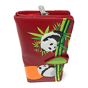 Shag Wear Playful Pandas on Bamboo Large Wallet for Women and Teen Girls Vegan Faux Leather 7" Red
