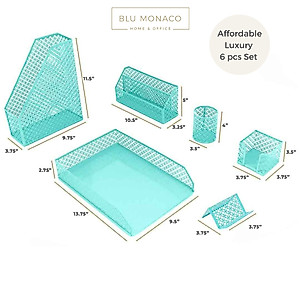 BLU MONACO Aqua - Teal 6 Piece Cute Desk Organizer Set - Desk Organizers and Accessories for Women - Cute Office Desk Accessories - Desktop Organization