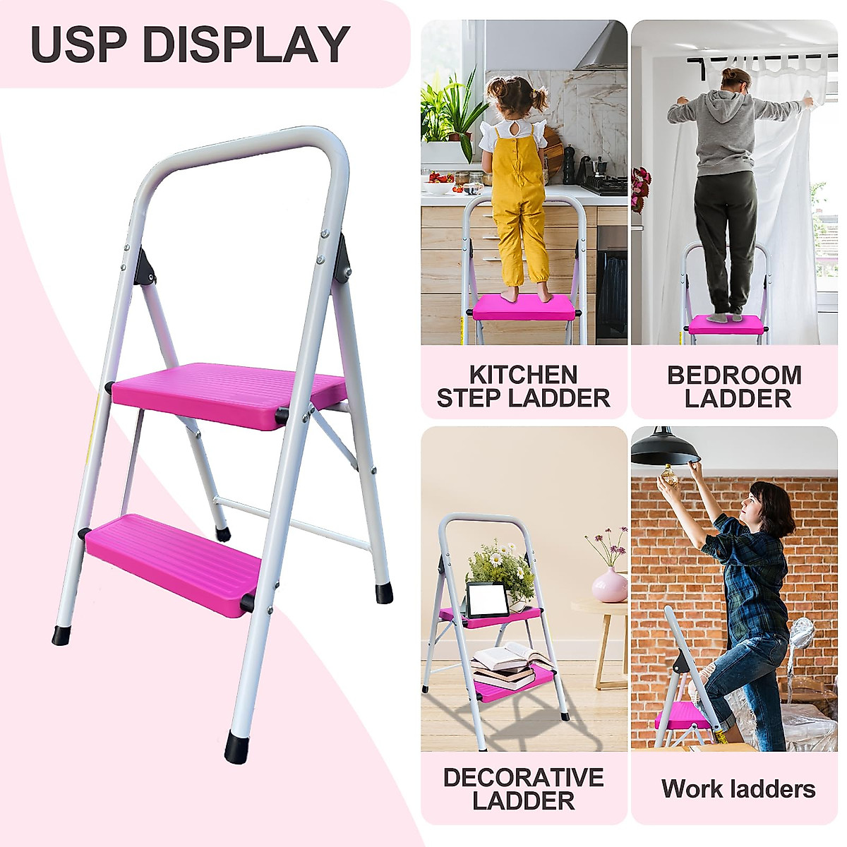 Step Ladder Folding 2 Step Stool Adult with Wide & Anti-Slip Pedals Ergonomic Portable Steel Ladder for Household, Kitchen, Office 330LBS (Pink, 2 Step)