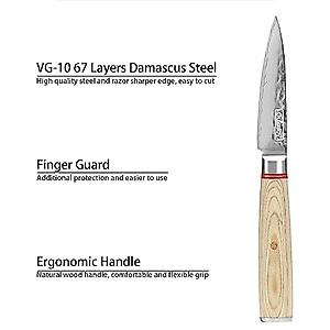 Qulajoy Paring Knife - Japanese Paring Knife with VG10 Damascus Steel, Ultra Sharp 3.5 inch Fruit and Vegetable Knife, Ergonomic Wood Handle
