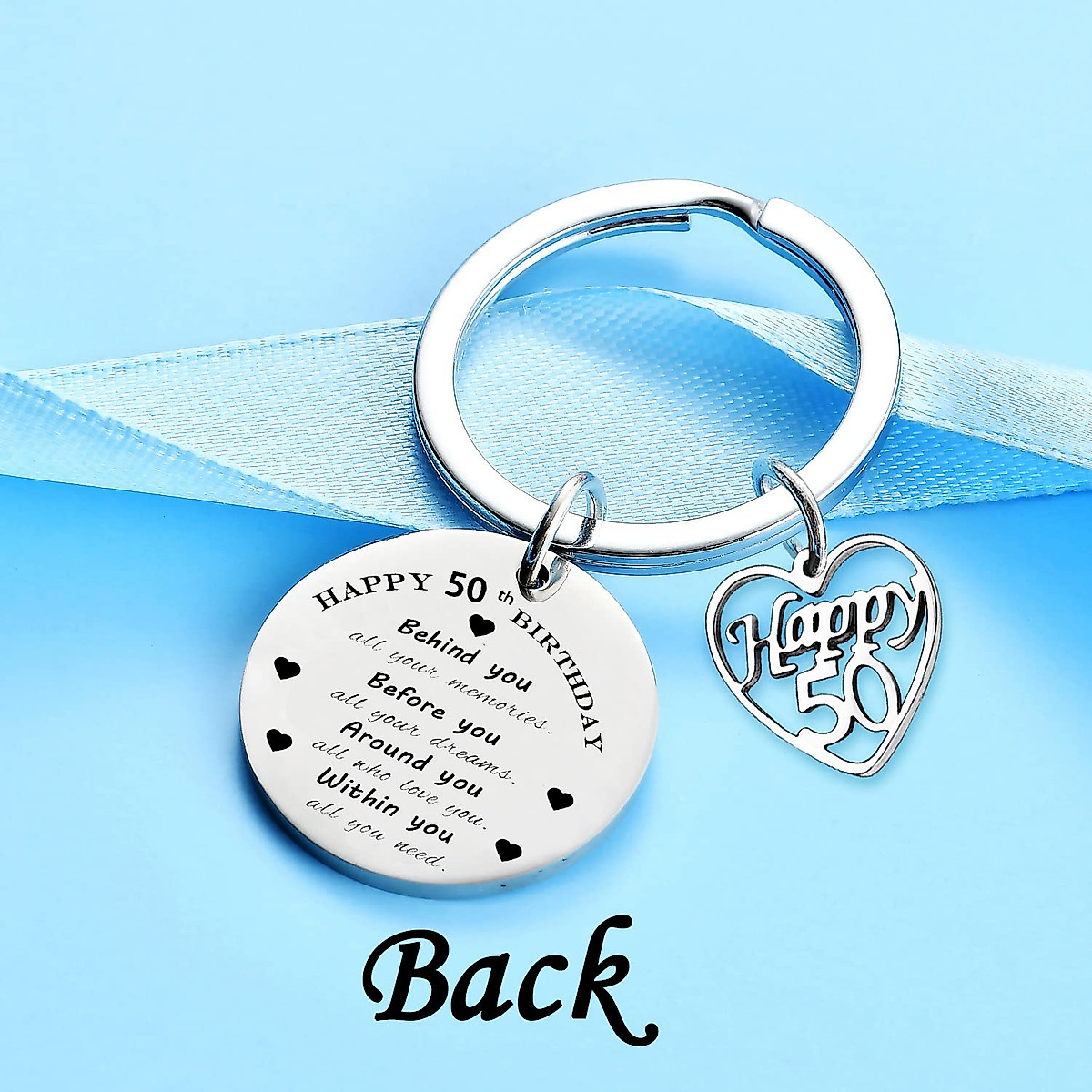 Ghloyza Happy 50th Birthday Keychain Behind You Birthday Gifts Double Sides Engraved Inspirational Birthday Presents (50th)
