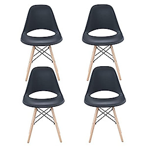 ESSIZOLE Modern Dining Chairs Set of 4,DSW Shell Plastic Chairs with Wood Legs,Armless Side Chairs,Kitchen Chair with Hollow Back for Dining Room,Living Room,Bedroom (Black-02)