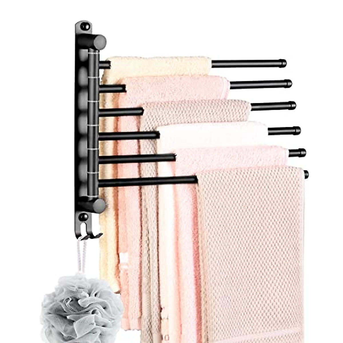 Swivel Towel Rack, Towel Bar with Wall Mounted 180° Rotation, 6-Arms Towel Hanger for SUS 304 Stainless Steel, Space Saving for Kitchen/ Bathroom, Matte Black