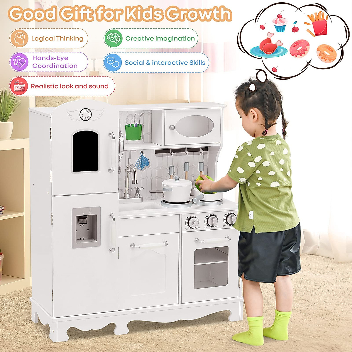 HONEY JOY Kids Kitchen Playset, Wooden Pretend Play Kitchen for Toddlers, Cookware, Phone, Storage Cabinet, Water Dispenser, Blackboard, Little Chef Toy Kitchen Set, Gift for Boys Girls 3+, White