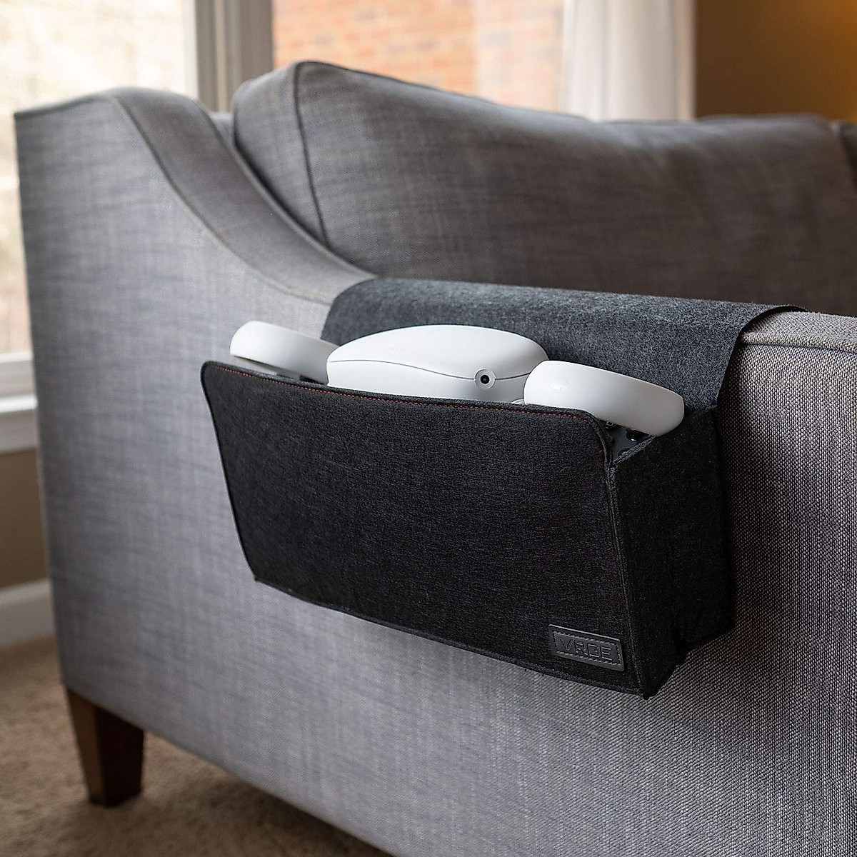 VRGE - Couch Bedside Gaming Organizer Caddy Storage Hanging Felt Mount for Game Controllers/Headphones/Meta Oculus Quest 3/2 VR w/Side Remote Control Holder