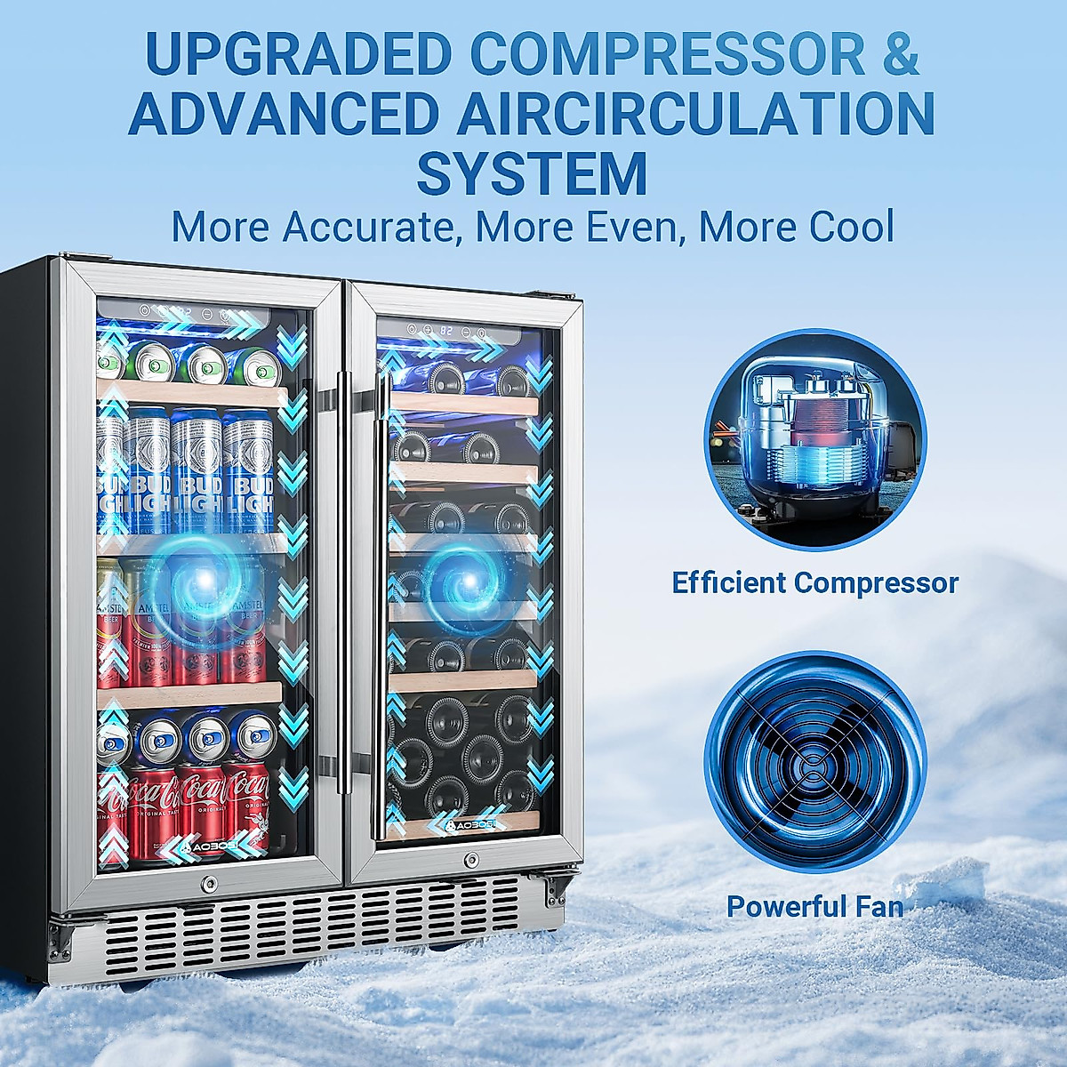 AAOBOSI 30 Inch Wine and Beverage Cooler, 31 Bottles & 110 Cans Wine Fridge, Glass Door Dual Zone Wine Refrigerator Freestanding and Built-in, Digital Temperature Control, Blue LED Display Light