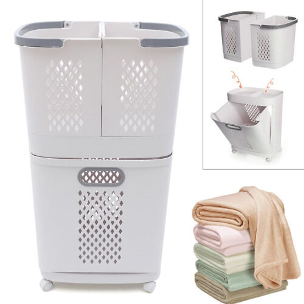 2 Tier Plastic Laundry Basket With Wheels,Movable Household Laundry Basket，Bathroom Clothes Storage Basket Cart,Floor-Standing Hand-Held Laundry Basket for Home,White