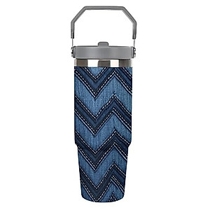 WITHSBKK 30oz Car Cup Gradient Blue Denim Printed with Portable, Stainless Steel Travel Mug, Vacuum Insulated Tumbler And Straw, Leakproof for Car & Outdoor, UV Printed Design
