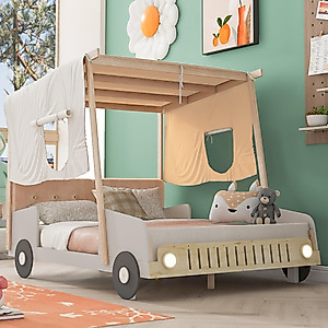 Aiuyesuo Classic Full Size Car-Shaped Platform Bed with Wheels and Ceiling Cloth, Solid Wood Low Bed Frame with Pillow and LED Lights, Cute Floor Bed for Kids Boy Girls