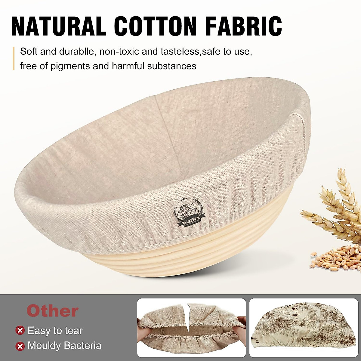 WALFOS 6 Packs Bread Basket Liner Cloth, 9 inch round bread proofing basket cloth liner, Baking Dough Basket Cover Natural Rattan Banneton Proofing Cloth