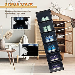 Hrrsaki 6 Pack Shoe Storage Box, Drop Front Shoe Boxes,Shoe Box Clear Plastic Stackable, Shoe Storage Box and Shoe Organizer for Display Sneakers,Easy Assembly,Fit up to US Size 12(13.4”x 10.7”x 7.2”) - Black