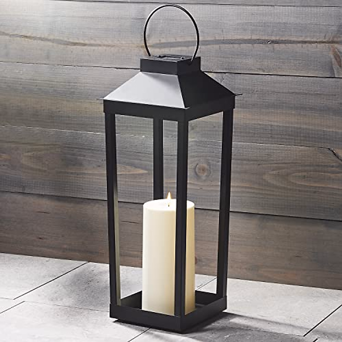 Large Outdoor Lantern Solar Powered - 19 Inch Tall, Black Metal, Open Frame (No Glass), Dusk to Dawn Timer, Flickering LED Light, Decorative Flameless Candle Lanterns for Porch or Patio
