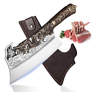 ROCOCO 2lb Dragon Butcher Knife Heavey Duty Cleaver Knife for Meat Bone Cutting 9.5" Cool Big Viking Camping Chopper Cutter with Sheath Birthday Thanksgiving Christmas Gift Idea Men