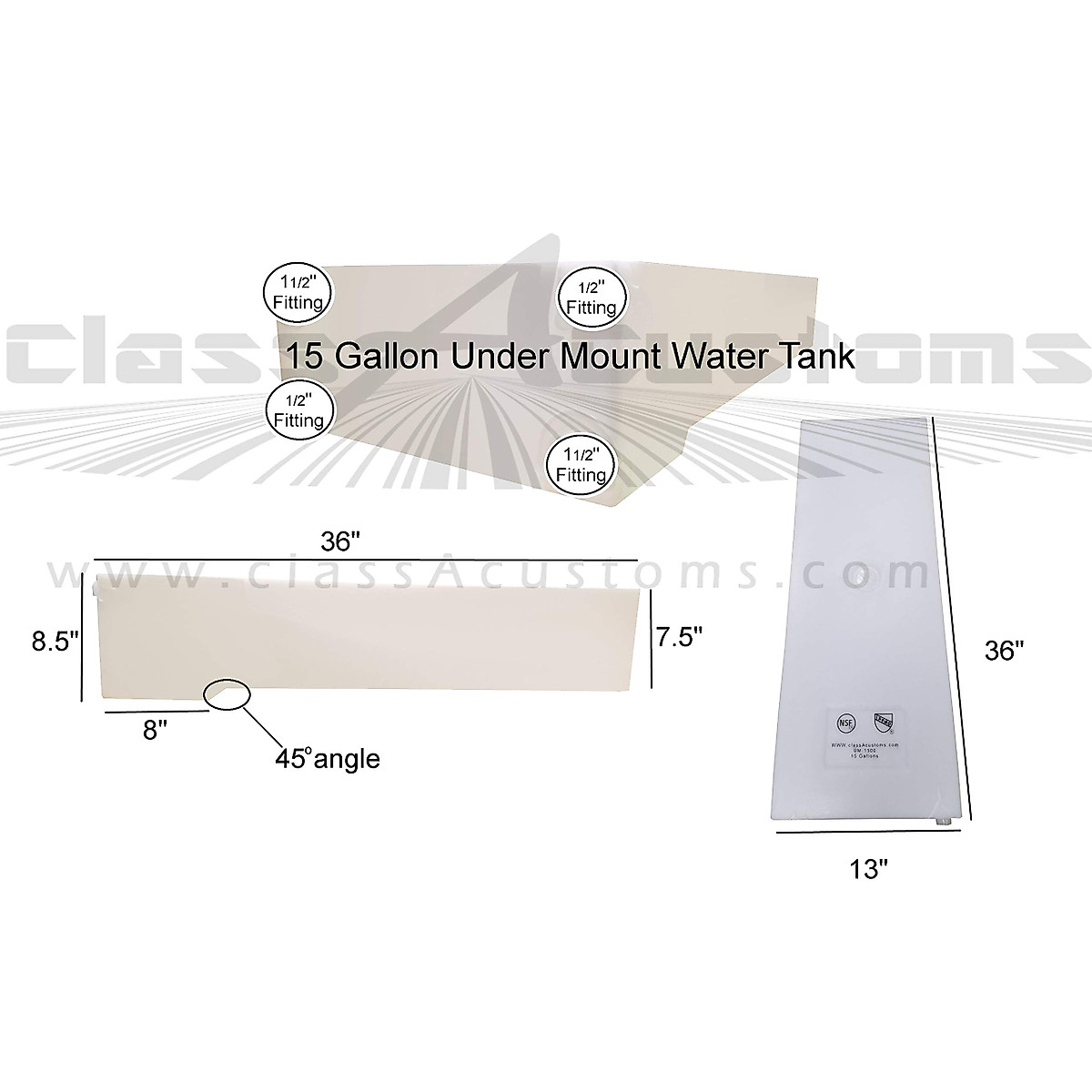 Class A Customs | UM-1500 | One (1) UnderMount 15 Gallon RV Fresh and Gray Water Holding Tank RV Concession