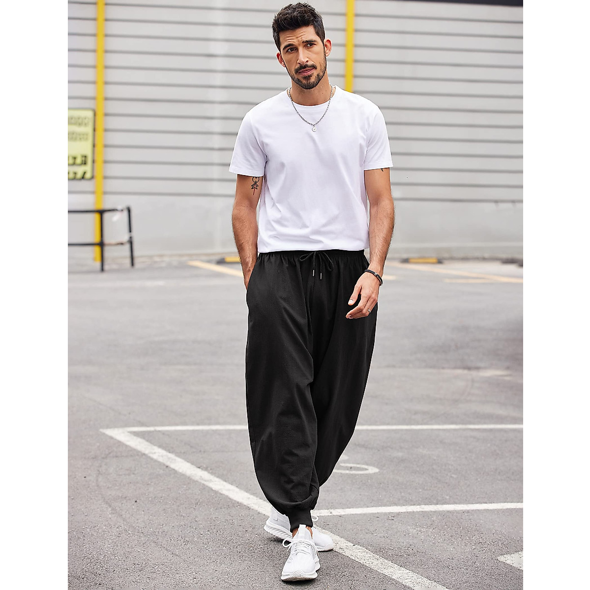 COOFANDY Mens Harem Pants Linen Casual Yoga Loose Fit Hippie Pants Lightweight Beach Trouser Cotton Summer Pants Black