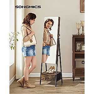 SONGMICS LED Cabinet Standing, Lockable Jewelry Armoire with Full-Length Mirror, Space-Saving Jewelry Organizer with Mirror, Bottom Drawer and Shelf, Gift Idea, Rustic Brown UJJC025X01