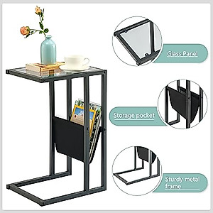Gewudraw Side Table End Table, C Shaped End Table, Narrow Side Table Sofa Couch Table Black Metal Glass End Table with Storage Bag for Bedroom, Living Room, Office and Small Spaces