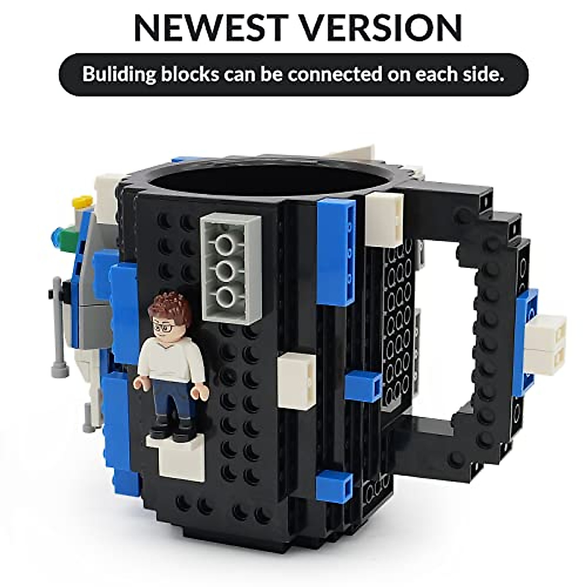 Lumsburry Build-on Brick Coffee Mug, Funny DIY Novelty Cup with Building Blocks Creative for Kids Men Women Xmas Birthday (Cool Black)