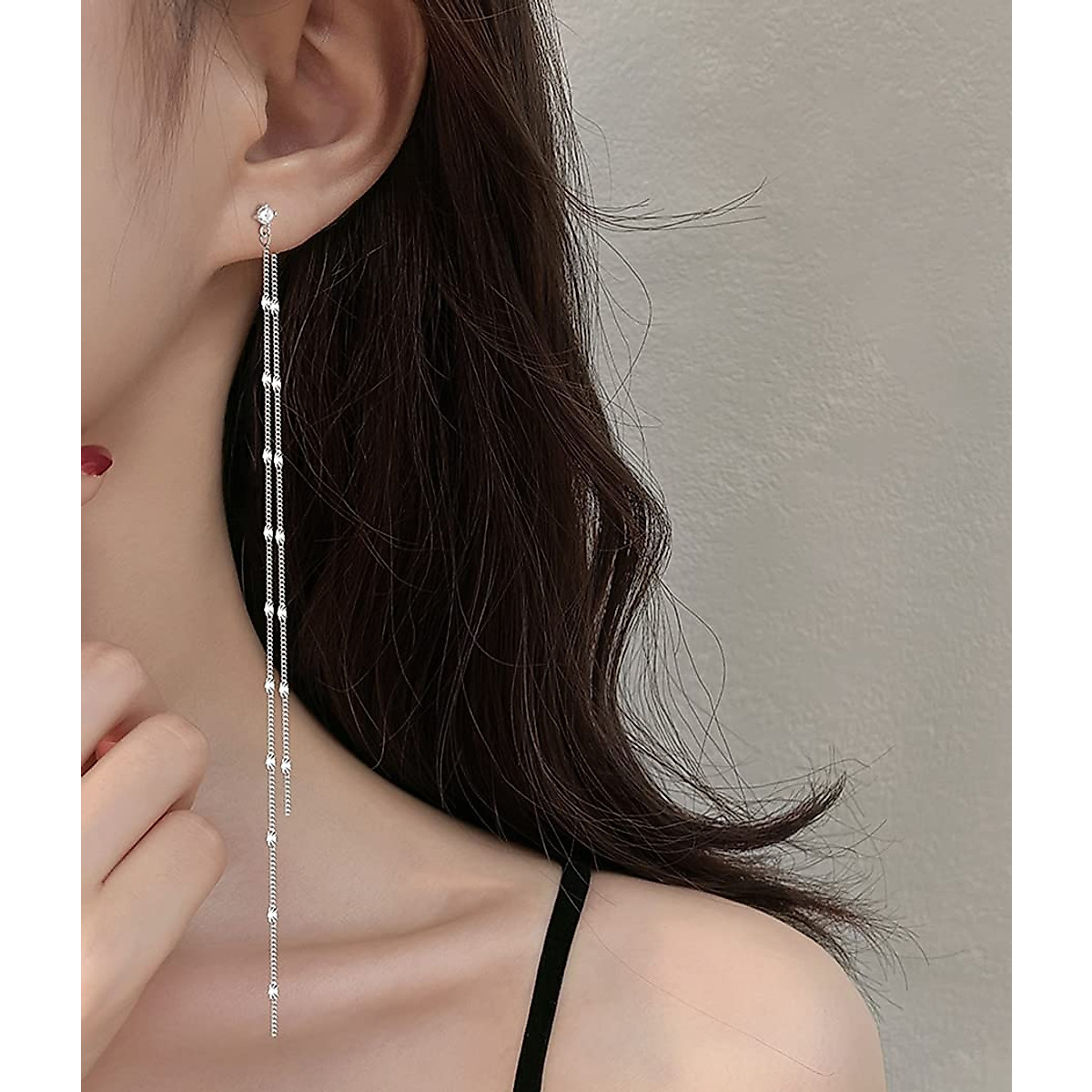 SLUYNZ 925 Sterling Silver CZ Studs 6.3inch Long Chain Earrings Dangle for Women Line Earrings Chain Backs (A-Silver)